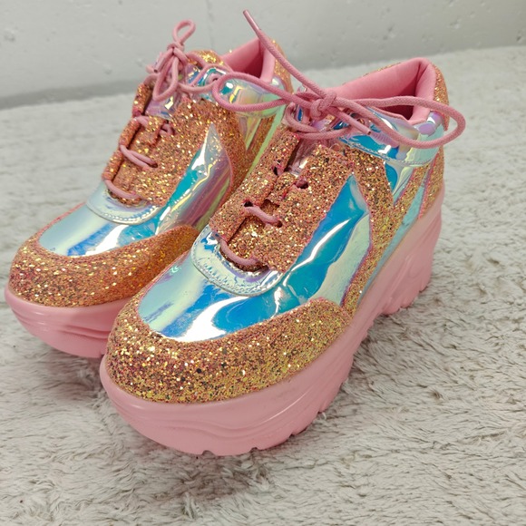 YRU | Shoes | Yru Pink Holographic Glitter Chunky Platform Sneaker Shoe ...